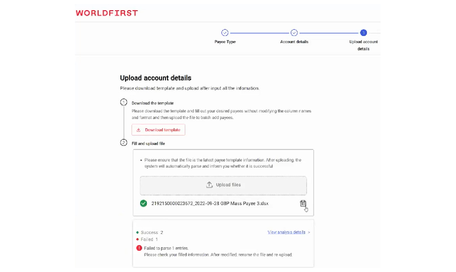 How to add multiple payees by file upload | WorldFirst AU